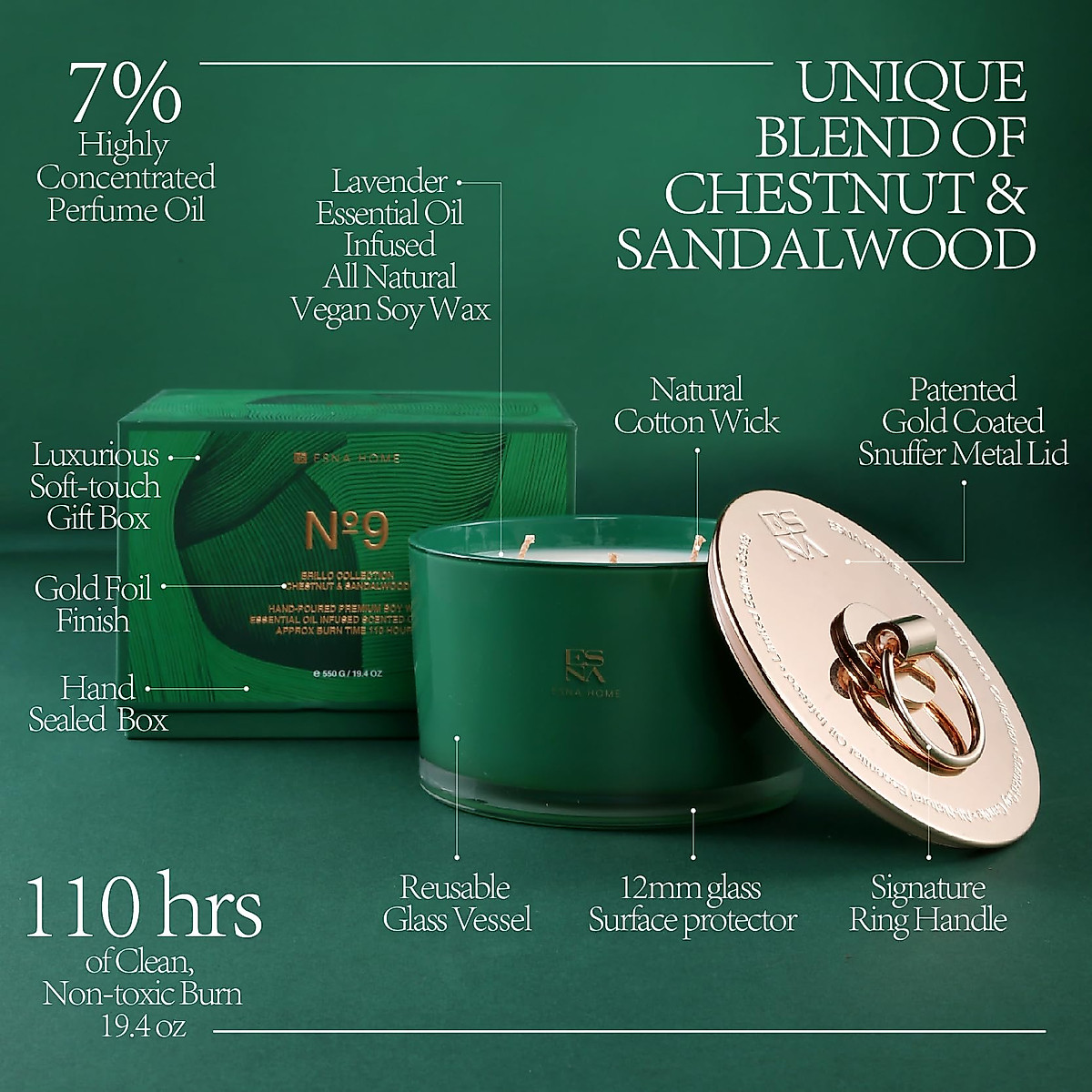 ESNA HOME Aromatherapy Scented Candles | Lavender Essential Oil | 19.4oz 110 Hours Burn Gold Lid Soy White Candles | Self Care Gifts for her | Luxury for Women | Room Decor Candles for Home Scented