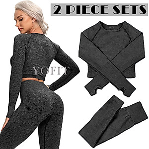 YOFIT Women 2 Piece Outfits Leggings+Long Sleeve Crop Tops Yoga Set Compression Skinny Tights Gym Fitness Pants Exercise Outfits