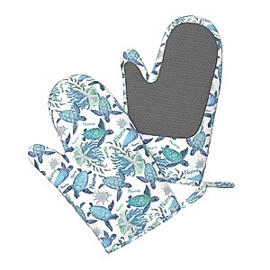 Custom Silicone Oven Mitts with Name Sea Turtle Coral Heat Resistant Non-Slip Cotton Lining Oven Gloves Set of 2 Comfort Safety Durable Kitchen Pot Holder for Barbecue Cooking Baking Grilling