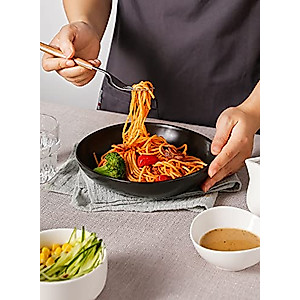 Teocera Wide and Shallow Porcelain Salad and Pasta Bowls Set of 6-24 Ounce Microwave and Dishwasher Safe Serving Dishes, Matte Black