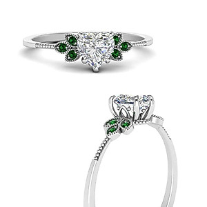 Gemsonclick Leaf Diamond Engagement Ring Sterling Silver Created Emerald Heart Shape Green Color Vintage Engagement Rings Prong Setting in Size 8 Party Wear Daily Wear Ornament