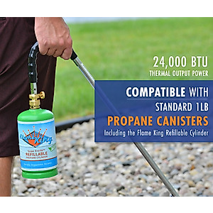 Flame King Propane Torch Weed Burner, 24000 BTU + Empty Refillable 1LB Empty Propane Cylinder Tank - Reusable - Safe and Legal Refill Option - DOT Compliant - 16.4 oz, Green