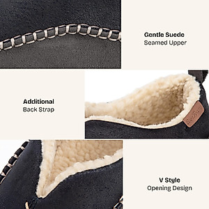 EverFoams Men's Moccasin Slippers Memory Foam Indoor/Outdoor Warm Suede House Shoes with Fuzzy Sherpa Lining (Black, Size 10 M US)