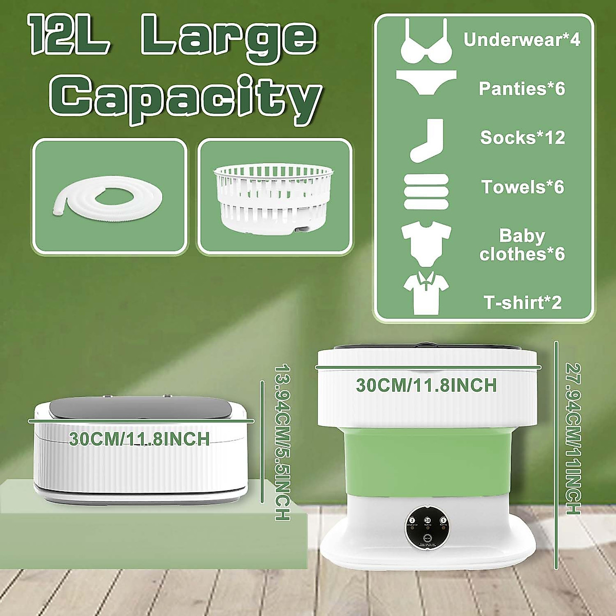 Mini Portable Washing Machine,12L Collapsible Travel Washing Machine, Collapsible Washer and Dryer Combo 2 in 1 for Apartments,Camping (Green)