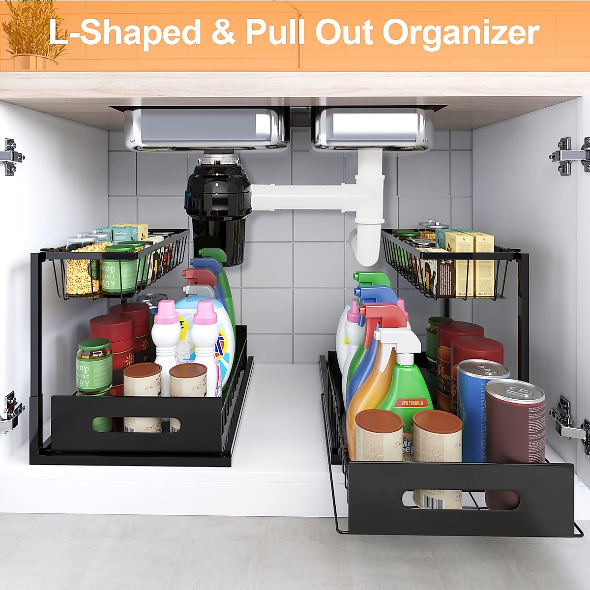 Under Sink Organizer, DIFEN 2-Tier Sliding Cabinet Basket Organizer for Under Sink Storage in Bathroom and Kitchen - Black