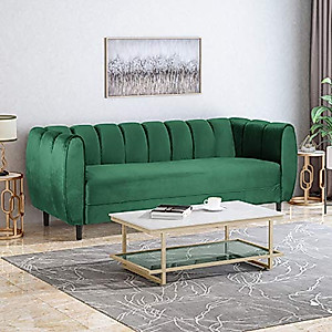 Christopher Knight Home Miranda Velvet 3 Seater Sofa, Emerald, Dark Brown