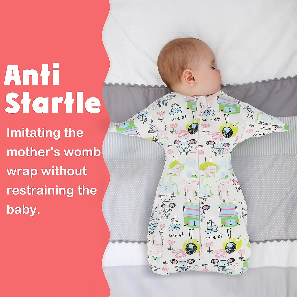 2 Pack Transition Swaddle with 2 Way Zipper, 100% Cotton Baby Swaddle Arms in/Out Arms Free Design Transitional Swaddle, Arms Up Sleeping Sack Baby Sleep Sack (Strawberry & Flower, Medium 3-6 Months)