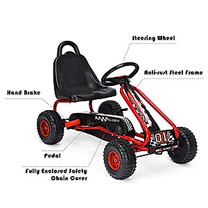 HONEY JOY Go Kart for Kids, 4 Wheel Pedal Powered Go Cart with Steering Wheels & Adjustable Seat, Safety Hand Brake, Non-Slip Tires, Outdoor Off-Road Racer Ride On Pedal Car for Boy Girl (Red)