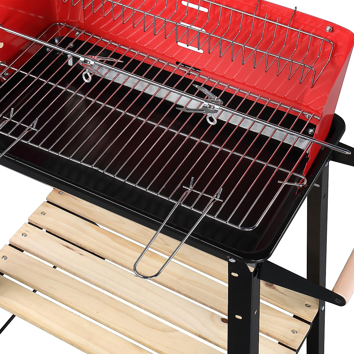 Charcoal BBQ Grill Medium Barbecue Box Grill with Side-tables and Wheels. Four Legs With Wheels Square Enamel Charcoal Oven Black Red