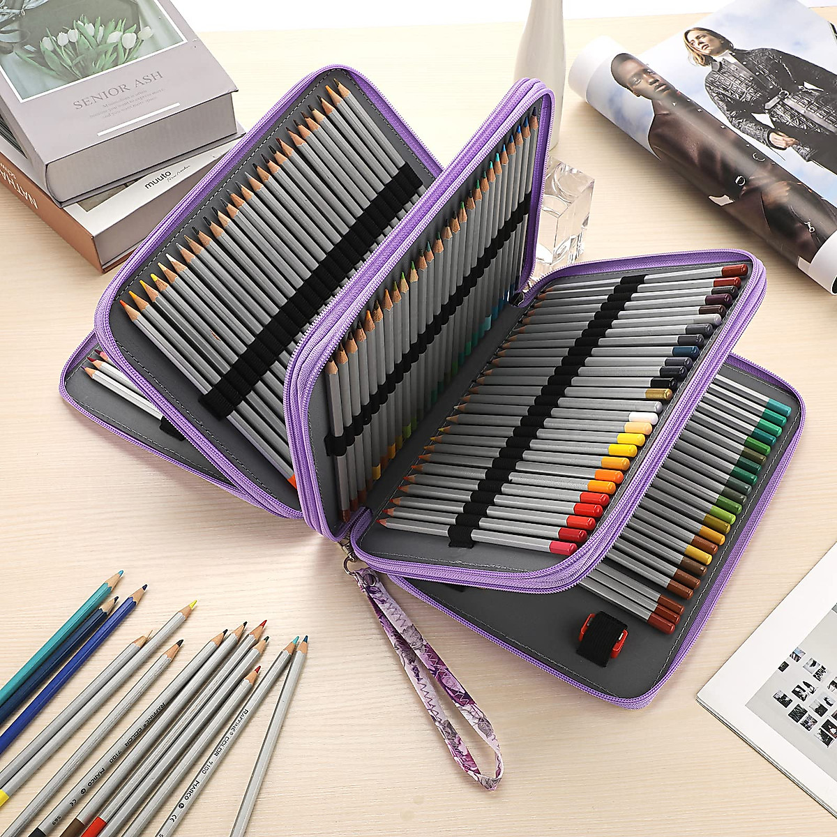 BTSKY Colored Pencil Case- 200 Slots Pencil Holder Pen Bag Large Capacity Pencil Organizer with Handle Strap Handy Colored Pencil Box with Printing Pattern Rose