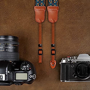 Mystic Blue Camera Strap - Double Layer Cowhide Ends,2" Pure Cotton Embroidered Woven Camera Strap,Universal Neck & Shoulder Strap Adjustable for All DSLR / SLR Cameras,Gift for Photographers