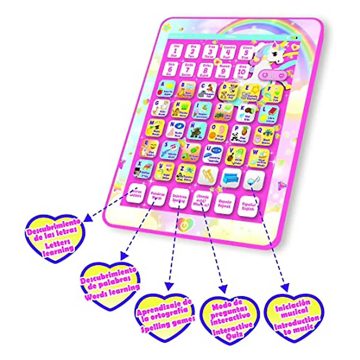 Lexibook Unicorn Educational Bilingual Interactive Learning Tablet, Toy to Learn Alphabet Letters Numbers Words Spelling and Music, English / Spanish Languages, Pink, JCPAD002UNIi2