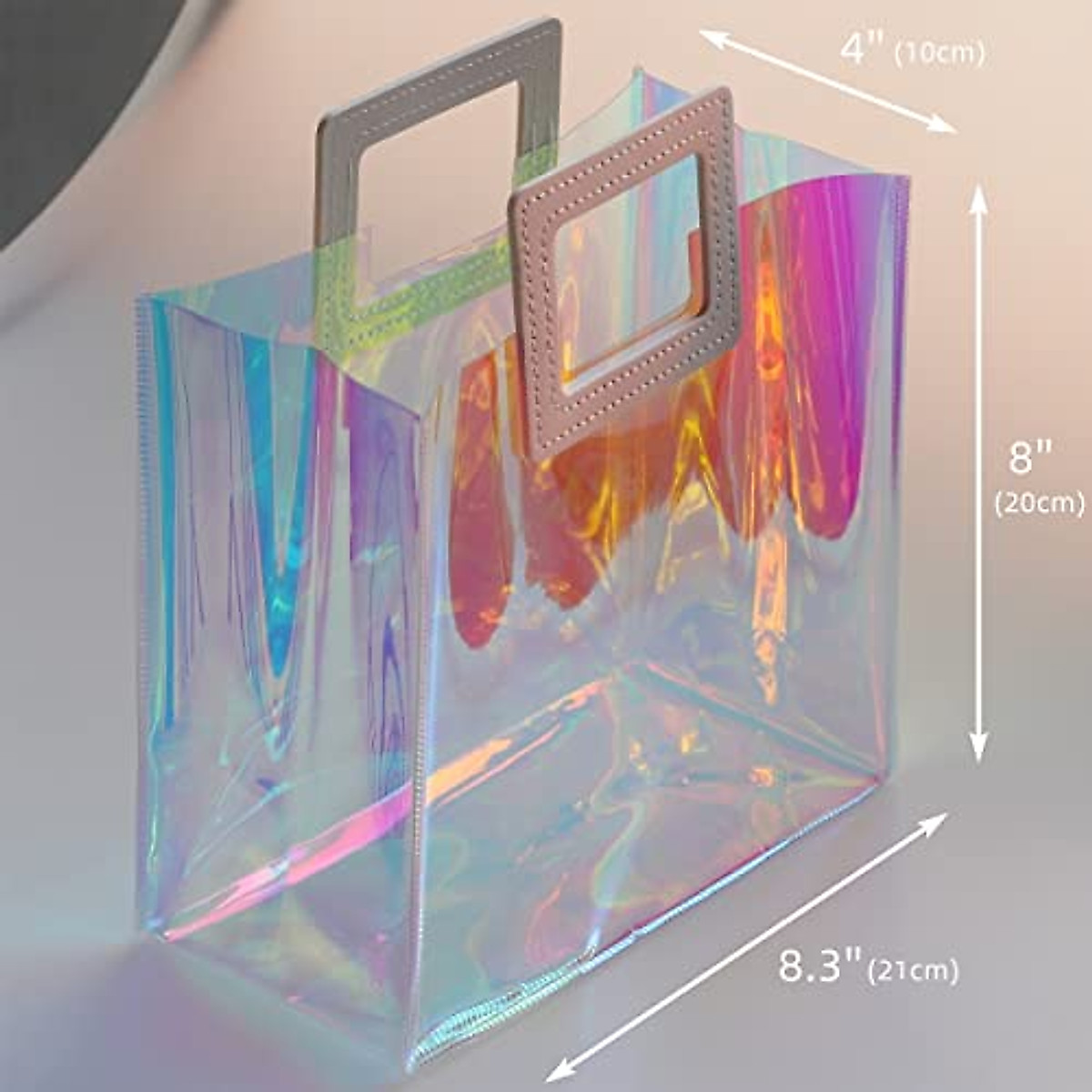 VUOJUR Holographic Small Gift Bag 8.3x8x4'' Clear Reusable Birthday Gift Bag for Women Girls Iridescent Christmas Wedding Gift Bag with Handle