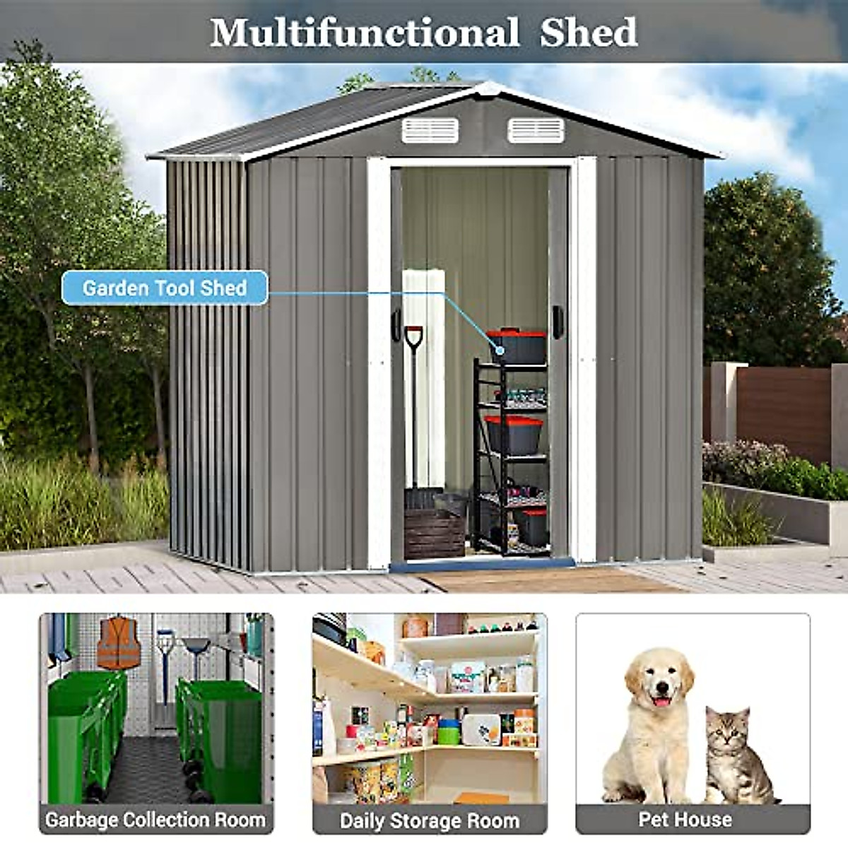 LUMISOL 6 x 4 FT Outdoor Storage Shed for Bike, Metal Garden Shed with Lockable Doors, Outside Storage Toll Cabinet for Backyard, Patio, Lawn, Garden (Gray)