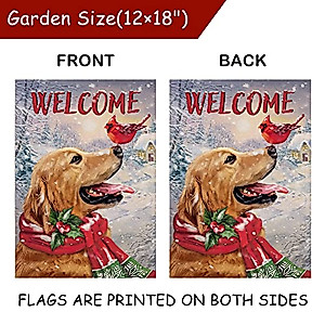 Selmad Welcome Winter Golden Retriever Dog Decorative Burlap Garden Flag, Puppy Cardinal Pet Home Yard Small Outdoor Decor, Christmas Snowy Outside Decoration Double Sided 12 x 18