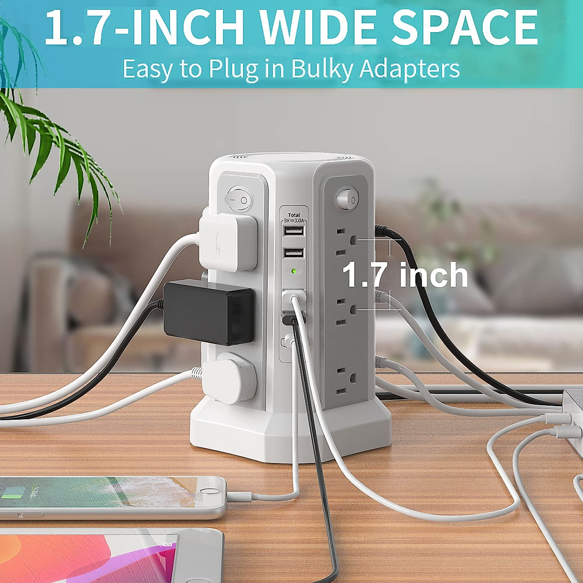 Surge Protector Power Strip Tower with USB C Port(PD18W),10FT Extension Cord with 12 AC Outlets 5 USB Charging Ports, PASSUS Power Tower Surge Protection for Home Office DormRoom