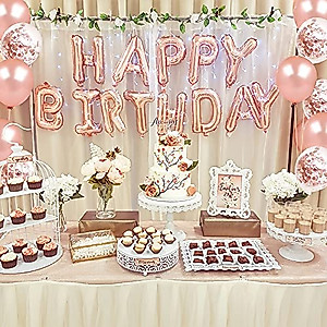 Rose Gold Birthday Party Decoration, 50PCS Rose Gold & Confetti Latex Balloons, Happy Birthday Balloons Banner with 2 Foil Fringe Curtains, Birthday Decorations for Women Girls