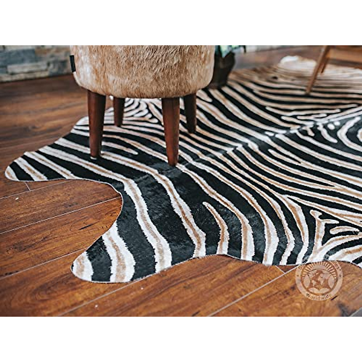 Zebra Wild Print Black On Beige Genuine Cowhide Rug 6 x 7 ft. 180 x 210 cm