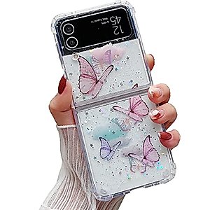 Shinymore Galaxy Z Flip 4 Clear Case, Cute Pretty Butterfly Glitter Shockproof Soft Flexible Rubber Girls Women Cover Case for Samsung Z Flip 4 (Pink)