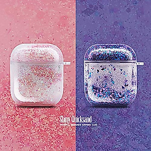 UnnFiko Bling Quicksand Case Compatible with AirPods 1/2, Cute Sparkle Liquid Protective Case, Funny Creative Hard Clear Airpods 1 & 2 Cover with Keychain (Silver Pink)