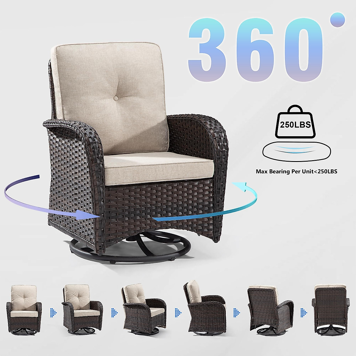 Gardenbee Patio Swivel Glider Wicker Chairs - Outdoor Swivel Rocking Chairs Set of 4 with 2 Wicker Side Tables, Patio Swivel Rocker Chair 6 Piece Patio Furniture Sets for Patio Porch Deck(Brown/Beige)