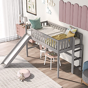 Twin Size Loft Bed with Slide, Wooden Low Loft Bed Frame for Kids Girls Boys (Gray)