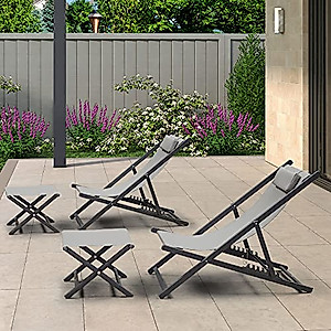 PURPLE LEAF Patio Sling Chairs for Balcony Deck Porch 4 Pieces Outdoor Aluminum Reclining Chairs with Adjustable Folding Beach Chairs and 2 Ottomans Cushioned Headrest Included, Silvery