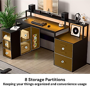 SunsGrove L Shaped Computer Desk with 3 Drawers, 65.7" Large Desk with Power Outlet and LED Lights, Corner Computer Desk with Monitor and CPU Stand, Home Office Desks with File Drawer (Black)