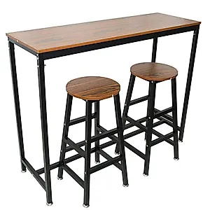 Thaweesuk Shop New Light Brown 3 Pcs. Wood Pub Bar Table Chair Counter Height Kitchen Dining Set Home Office Furniture Particleboard Metal 47.2" L x 15.7" W x 39.4" H