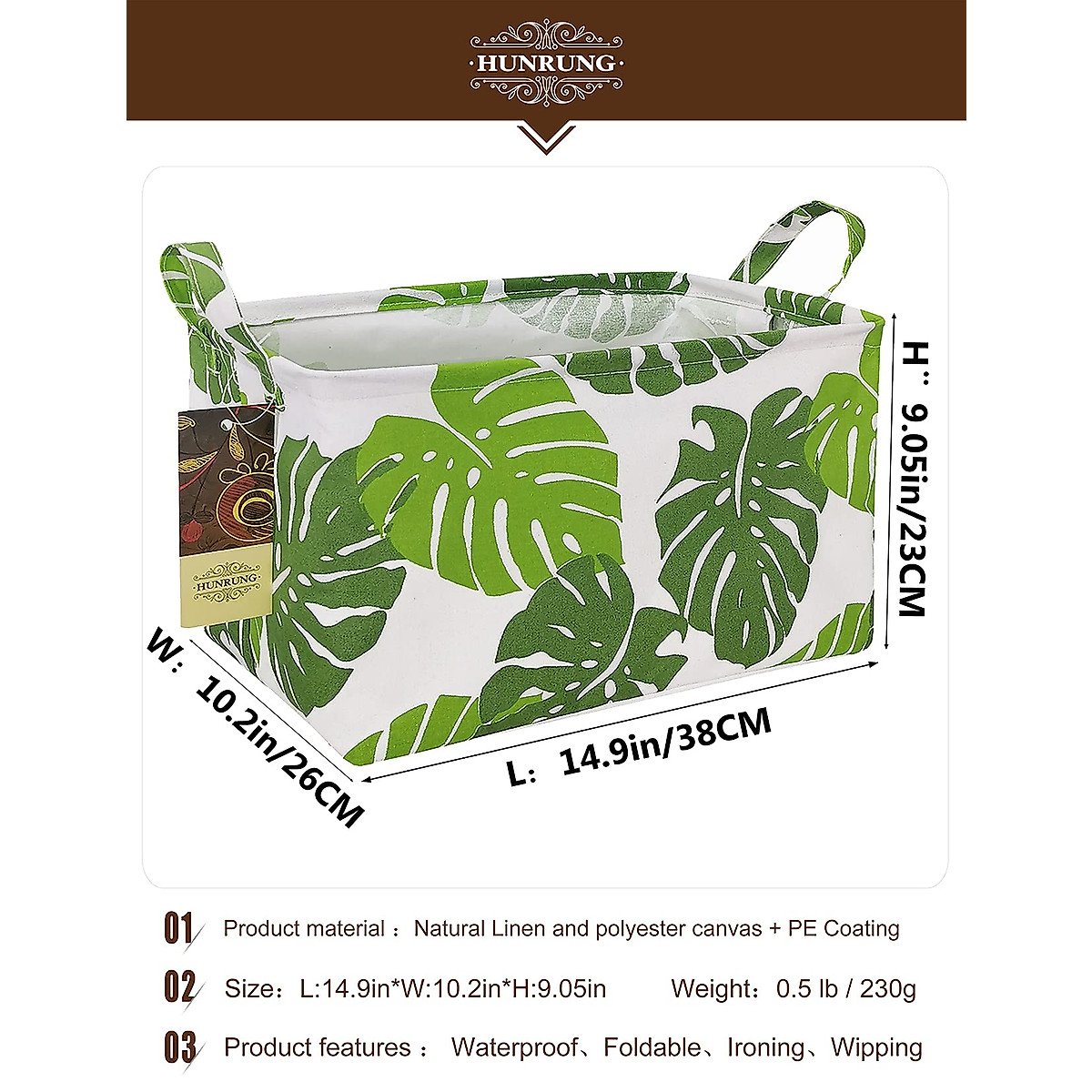 HUNRUNG Rectangle Storage Basket Cute Canvas Organizer Bin for Pet/Children Toys, Books, Clothes Perfect for Rooms/Playroom(Leaf)