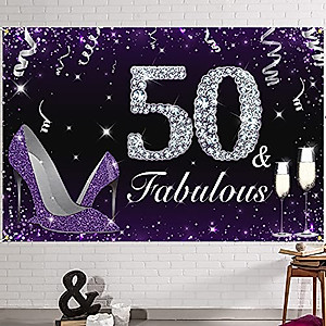 HAMIGAR 6x4ft Happy 50th Birthday Banner Backdrop - 50 & Fabulous Heels Birthday Decorations Party Supplies for Women - Purple