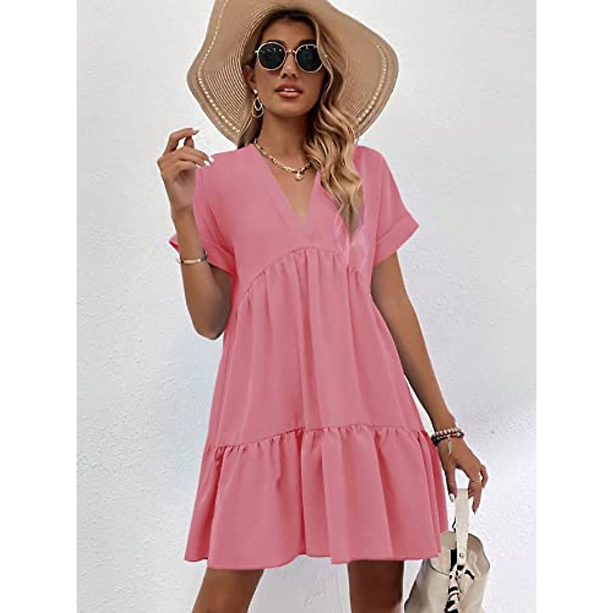WDIRARA Women's Roll Up Short Sleeve V Neck Ruffle Hem Solid Swing Smock Dress Watermelon Pink M