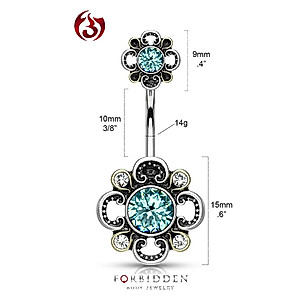 Forbidden Body Jewelry Surgical Steel Aqua CZ Centered Flower Vintage Filigree Belly Button Ring with Matching Top