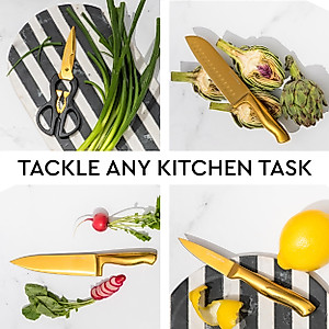 Black and Gold Knife Set with Block Self Sharpening, Black Utensil Holder with Built-In Ceramic Spoon Rest and Gold Cooking Utensils Set-21 Piece Luxe Black and Gold Kitchen Accessories