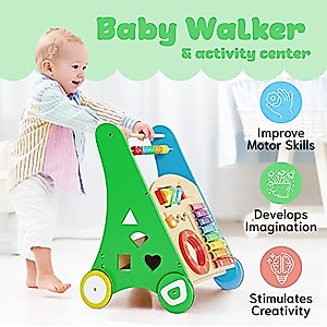KIDDERY TOYS Baby Toys – Kids’ Activity Toy – Wooden Push and Pull Learning Walker for Boys and Girls – Multiple Activities Center – Assembly Required – Develops Motor Skills & Stimulates Creativity