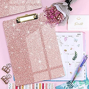 WAVEYU Acrylic Clipboard, Glitter Pink Clipboard for Women Girls, Stardard Letter Size Clipboard with Low Profile Gold Clip Designed for Classroom School and Office Use, A4 Size 12.5" x 9", Rose Gold
