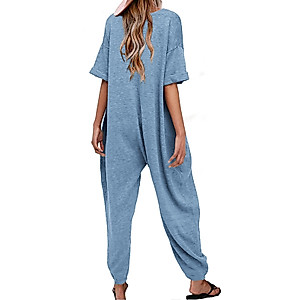 Nirovien Women's Solid Color V Neck Jumpsuits Casual Half Sleeve Long Rompers Beam Foot Baggy Overalls(Blue,2XL)