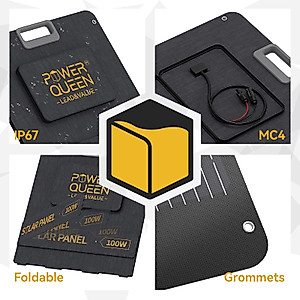 Power Queen 100W Portable Solar Panel for Power Station Generator, IP67 Foldable Solar Panel with MC4, Solar Charger with Adjustable Kickstands