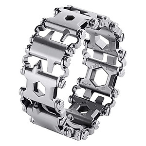 ONELANKS Stainless Tool Bracelet for Men Compatible for LEATHERMAN TREAD and Watch Band 29 in 1 Survival Hiking Camping Travel Friendly Multitools Wearable Bracelet （Silver）