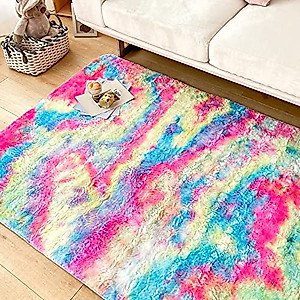 NEWCOSPLAY Faux Fur Area Rug Rainbow Tie Dye Carpet Playing Mat for Girls Bedroom Living Room Home Décor (4' x 5.3', Dark Rainbow)