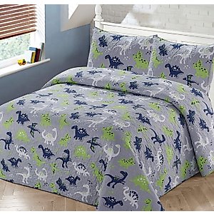Better Home Style Grey Blue and Green Dinosaurs Dinosaurs World Kids/Boys/Toddler Coverlet Bedspread Quilt Set with Pillowcases # Dino Lime (Queen/Full)