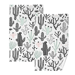 ALAZA Hand Drawn Cactus Cacti Hand Towels for Bathroom 1OO% Cotton 2 pcs Face Towel 16 x 28 inch, Absorbent Soft & Skin-Friendly