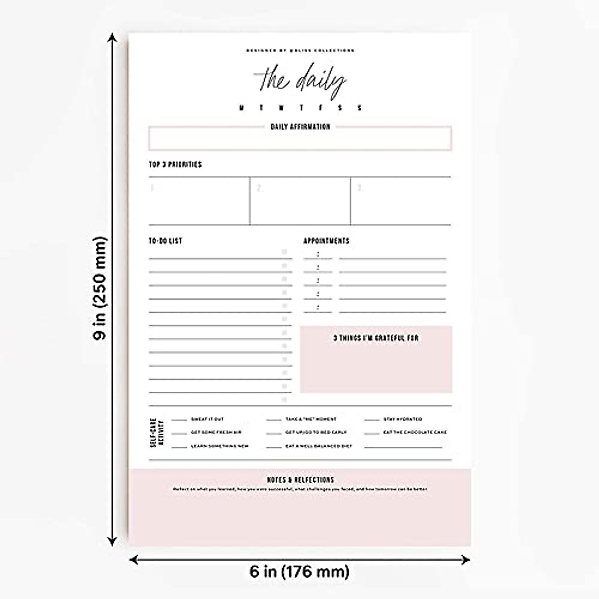 Bliss Collections Daily Planner, Simple Pink Self-Care Calendar, Organizer, Scheduler, Productivity Tracker for Organizing Goals, Tasks, Notes, to-Do Lists, 6"x9" Undated Tear-Off Sheets (50 Sheets)