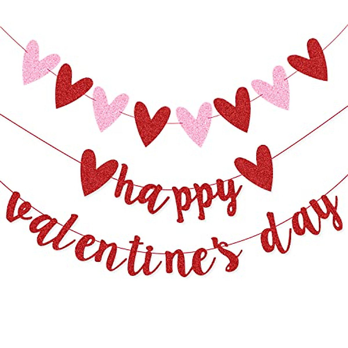Red Glittery Happy Valentines Day Banner and Red Pink Glittery Heart Garland Banner Valentines Day Decorations No DIY Romantic Paper Garland Banner Valentine Day Bunting Photo Props