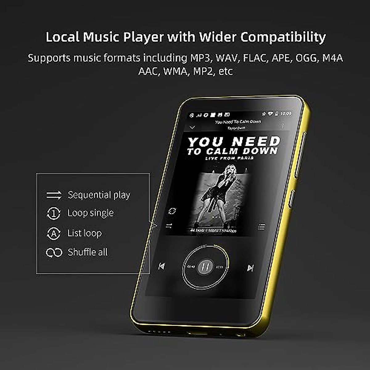 80GB MP3 Player with Bluetooth and WiFi, MP4 MP3 Player with Spotify,Spotify Kids，4" Full Touch Screen with Pandora, Music Player with Audible，Android MP3 with Speaker (Gold_Black)