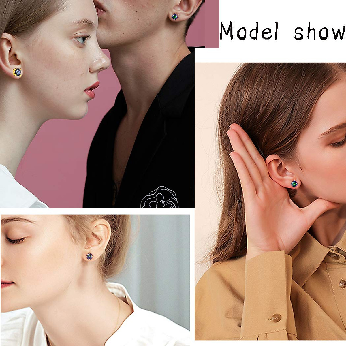 Rainbow Color Mystic Topaz Stud Earrings for Men 925 Sterling Silver Round Solitaire Magic Green Earrings for Women Statement Earrings Birthday Chrismtas Gifts for Women Wife Girlfriend FE0119M