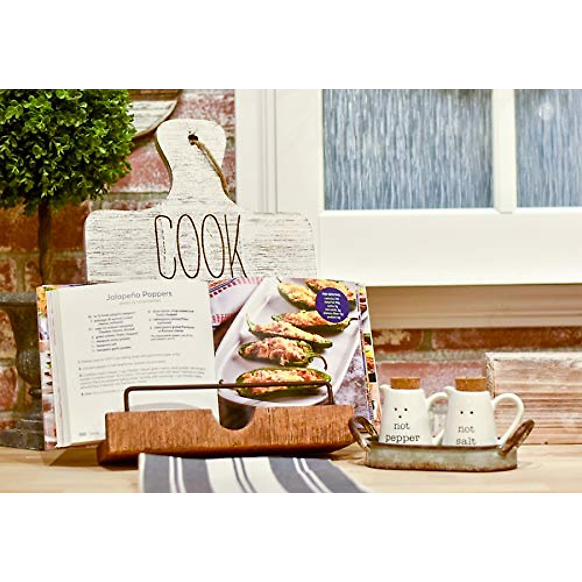 Mud Pie Farmhouse Inspired Ceramic Aluminum Salt and Pepper Caddy Set, One size, White