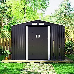 JAXPETY 9.1' x10.5' Outdoor Storage Large Shed, Galvanized Metal Shed for Garden Patio Lawn Backyard, Garden House with Lockable Double Doors and Four Vents, Gray