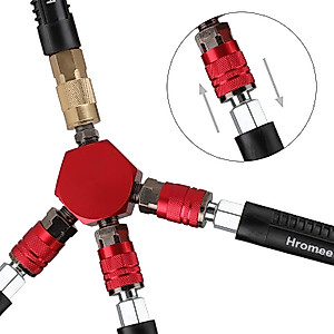 Hromee 3-Way Air Manifold 4 Ports Aluminum Industrial Flat Hex Quick Connect Air Hose Splitter with 3 Steel Couplers and 1/4" Male NPT Plug