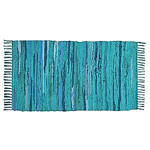 Cotton Rag Rug 24''x36''- 2x3'- Multicolor Chindi Rug - Hand Woven Washable & Reversible for Living Room Kitchen Entryway Bedroom Rug Rag with Tassel (Aqua)